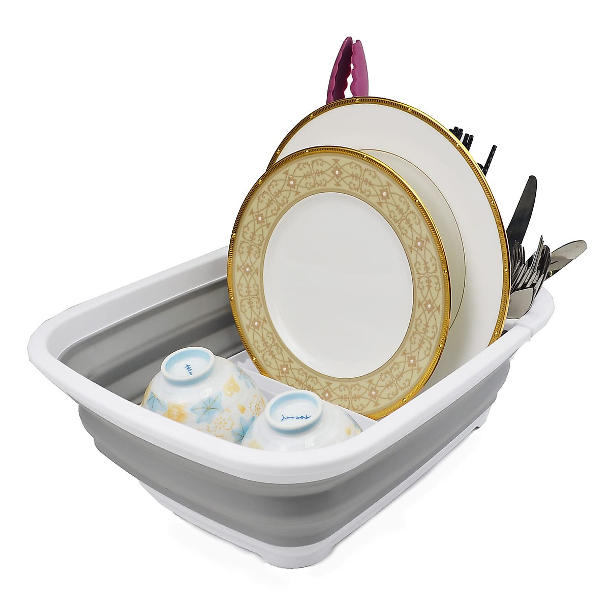 SAMMART 8L (2.11Gallons) Collapsible Dish Drainer - Foldable Drying Rack - Portable Dinnerware Organizer - Space Saving (White/Grey, 1)