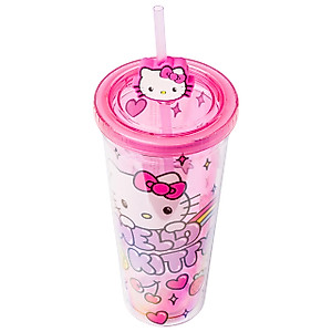 Silver Buffalo Sanrio Hello Kitty Kawaii Cute Hearts and Sparkle Plastic Cold Cup with Lid and Straw Topper, 24 Ounces