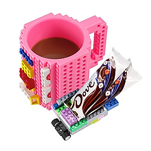 Gvendo Build on Brick Coffee Mug, Fun Gaming Mugs with Handle DIY Pink Large Coffee Cup Funny Gifts for Men Women Office Work or Childhood Education
