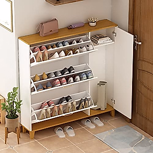 DiDuGo Modern Shoe Storage Cabinet with 3 Compartment & 1 Locker, Shoe Cabinet Organizer for Entryway White-Walnut (47.2”W x 9.5”D x 49.4”H)