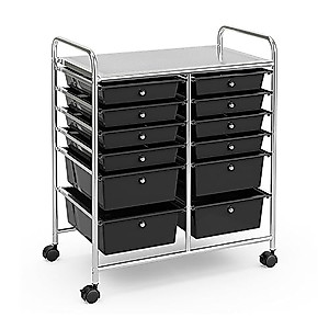 12-Drawer Rolling Storage Craft Cart and Organizer - Rolling Organizer Cart Tools and 4 Universal Casters (Black)