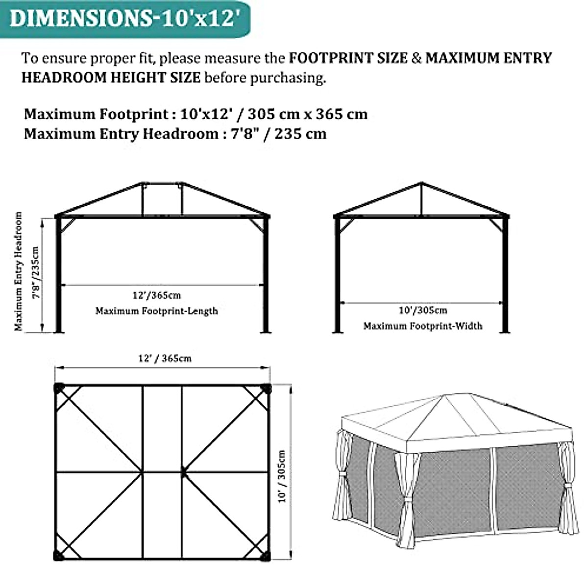 Durcover 10x12ft Universal Replacement Mosquito Netting, Gazebo Netting with Zippers for Outdoor Garden Patio Gazebo 4-Panel Screen Sidewalls, Black (Mosquito Net Only)