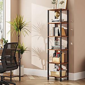 TUTOTAK Bookshelf, 6-Tier Tall Book Shelf, Narrow Bookcase for Small Space, DIY Stackable Bookshelf, for Living Room, Office, Study, Entryway, Industrial, Rustic Brown BS01BB006