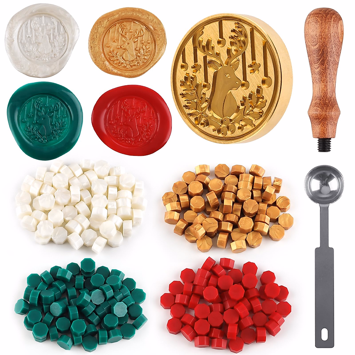 Christmas Wax Seal Stamp Kit Lanstics Wax Seal Stamp Brass Head, 200Pcs Sealing Wax Beads in 4 Colors, Wooden Hilt, Melting Spoon, Tea Candles for Cards Envelopes, Gift Packaging