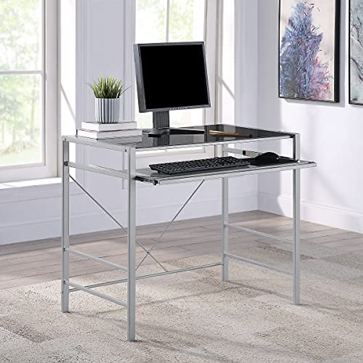 OSP Home Furnishings Zephyr Computer Desk with Keyboard Shelf and Tempered Glass Top, Black Glass and Silver Frame