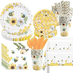 PYCALOW Bee Tableware Party Decorations - Bumble Bee Themed Party Supplies Include Plates, Cup, Napkin, Cutlery, Tablecloth, Straws, Bee Gender Reveal Baby Shower Birthday Party Decorations | Serve 24