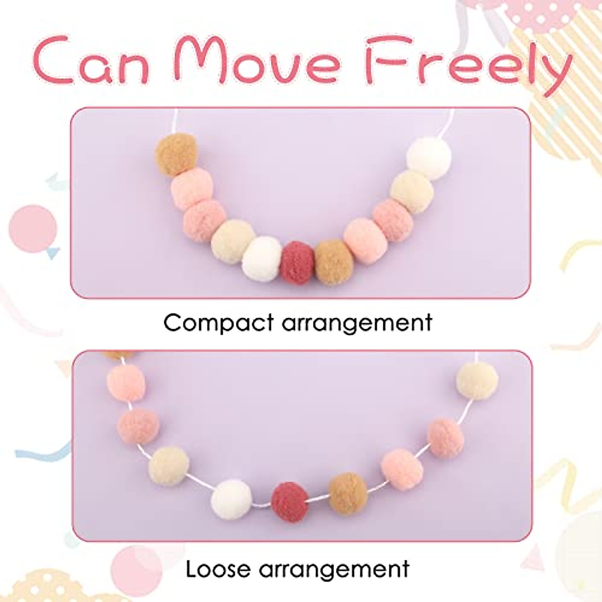 GCQQ 2Pcs Pom Pom Garland Pastel, 16.4 Ft Long Pompom Garland Boho Decor, Large 60 Balls Felt Ball Garlands, Pink Wool Felt Ball Garlands for Party, Home, and Nursery Decor