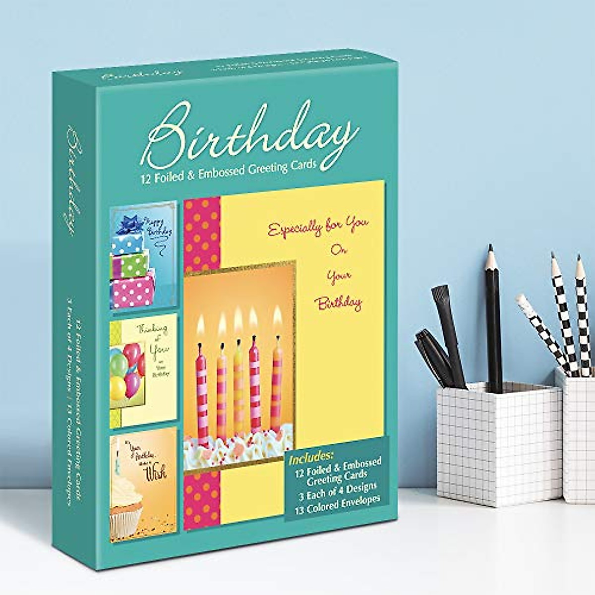 Designer Greetings Assorted Birthday Cards (12 Foiled and Embossed Greeting Cards with 13 Colored Envelopes; 3 Each of 4 Designs)