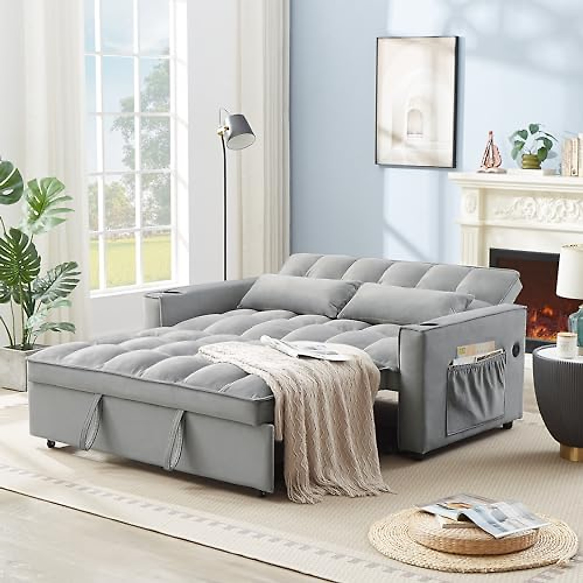 3-in-1 Convertible Pull Out Sleeper Sofa Bed,Loveseat Futon Sofá Chair,Velvet Recliner Lounge Couch with Adjustable Reclining Backrests,USB Ports&Cup Holders for Apartment RV Living Room,Full Size