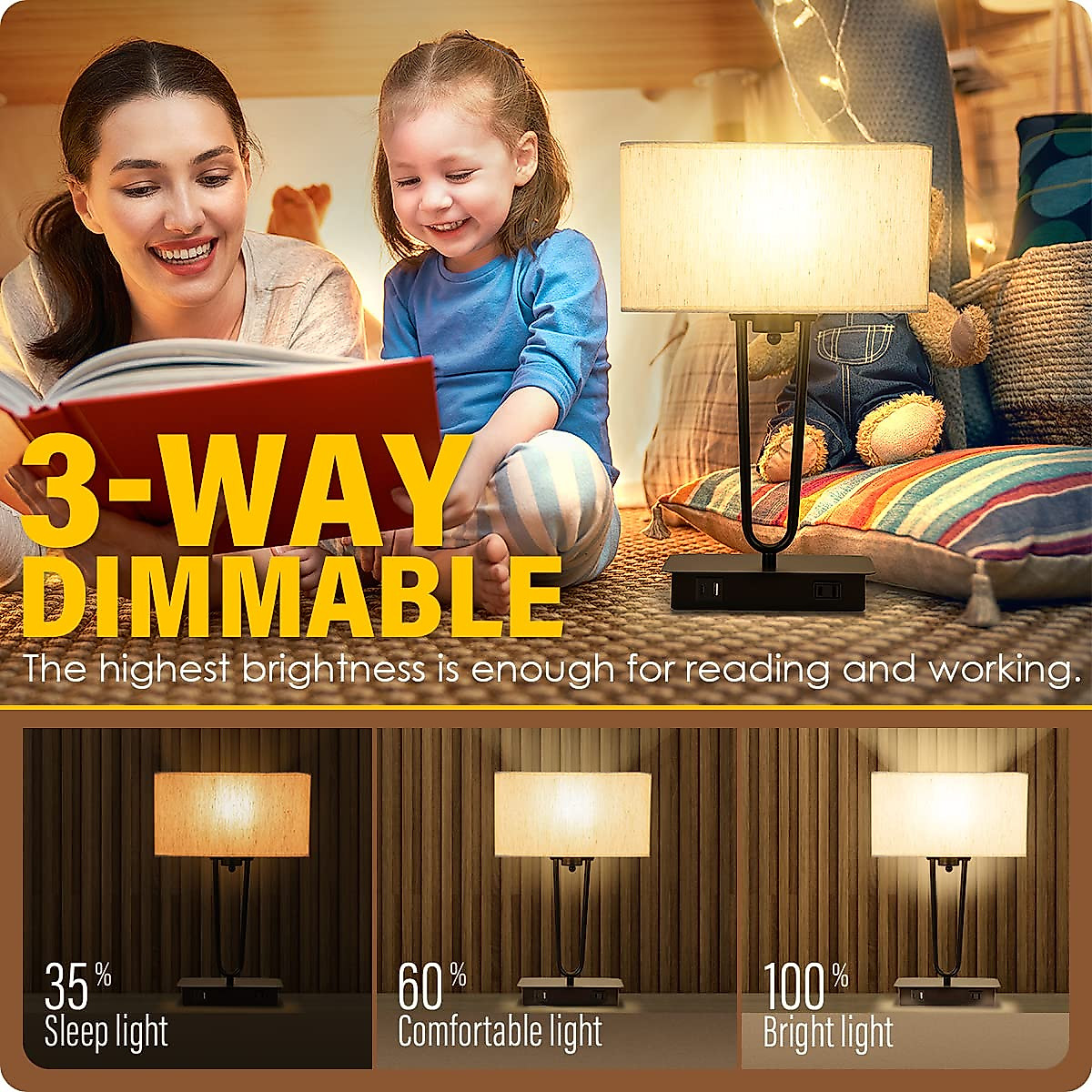 Yarra-Decor Bedside Touch Control Table Lamp Nightstand Lamp with USB A+C Charging Ports & AC Outlet 3-Way Dimmable Desk Lamp with Fabric Shade for Bedroom Living Room(Bulb Included)