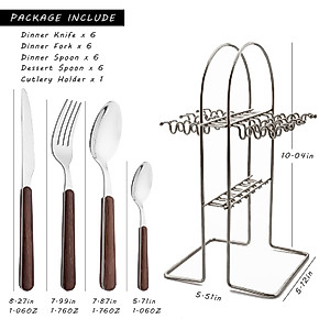 Silverware Set with Holder - Uniturcky Hanging Flatware Set with Stand - 24PCS Cutlery Set with Faux Wooden Handle - Stainless Steel Utensils Set for Home Restaurant Party (Silver, Service for 6)