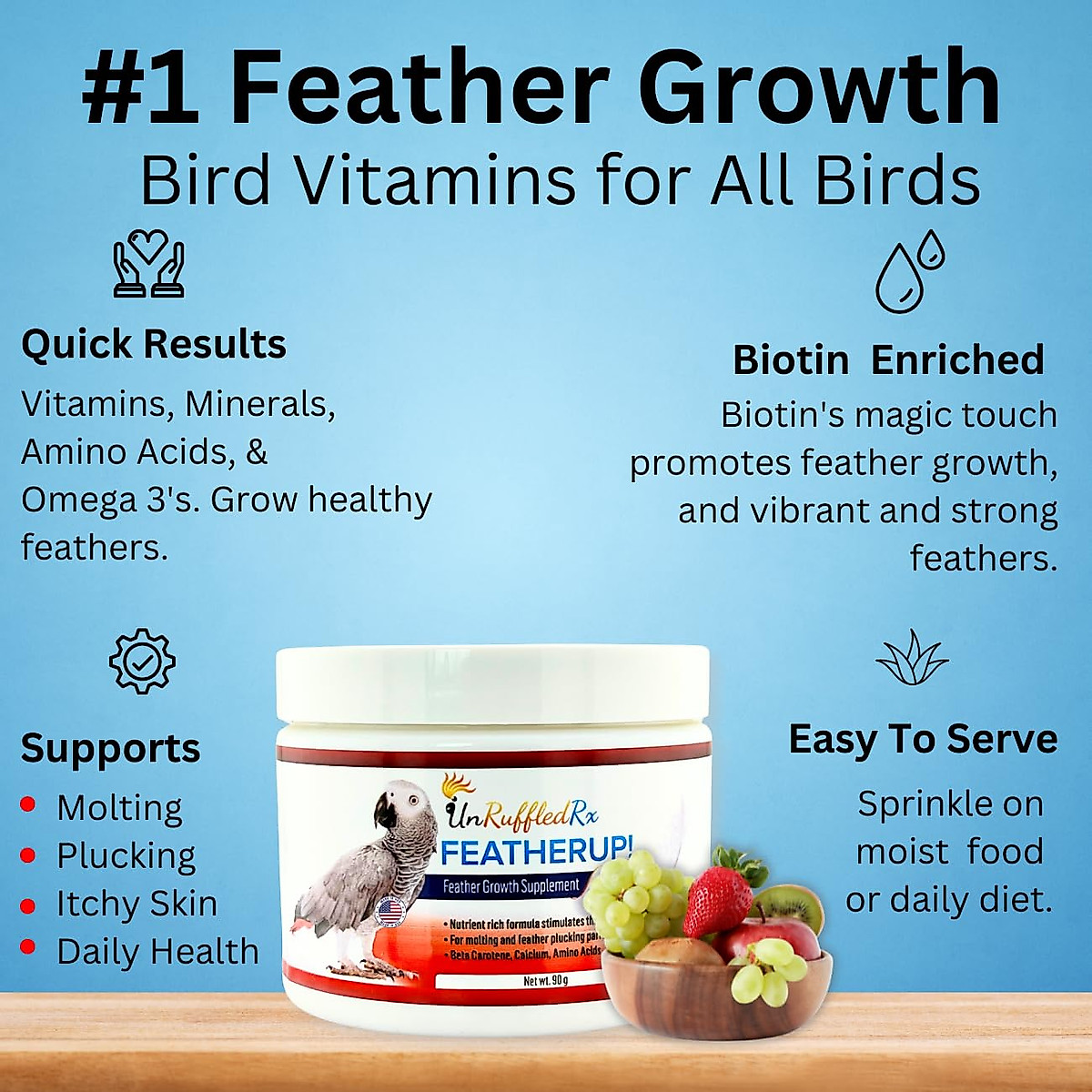 UnRuffledRx FeatherUp! Bird Vitamins with Biotin for Beautiful Plumage - Feather Growth Supplements for Parrots - 90 gm - 240 Servings