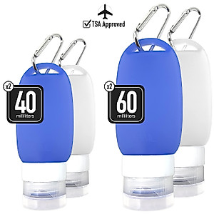 Silicone Travel Bottle Set TSA Approved Leak Proof Squeeze Bottles for Shampoo, Lotion & Liquid Toiletries (2 oz & 1.4 oz Containers) with Carabiner Clips
