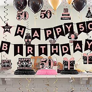 50th Glitter Rose Gold Birthday Banner Party Decorations, Happy 50th Birthday Decorations Hanging Swirls Banner Honeycomb Centerpieces for Women Happy 50 Years Old Bday Party