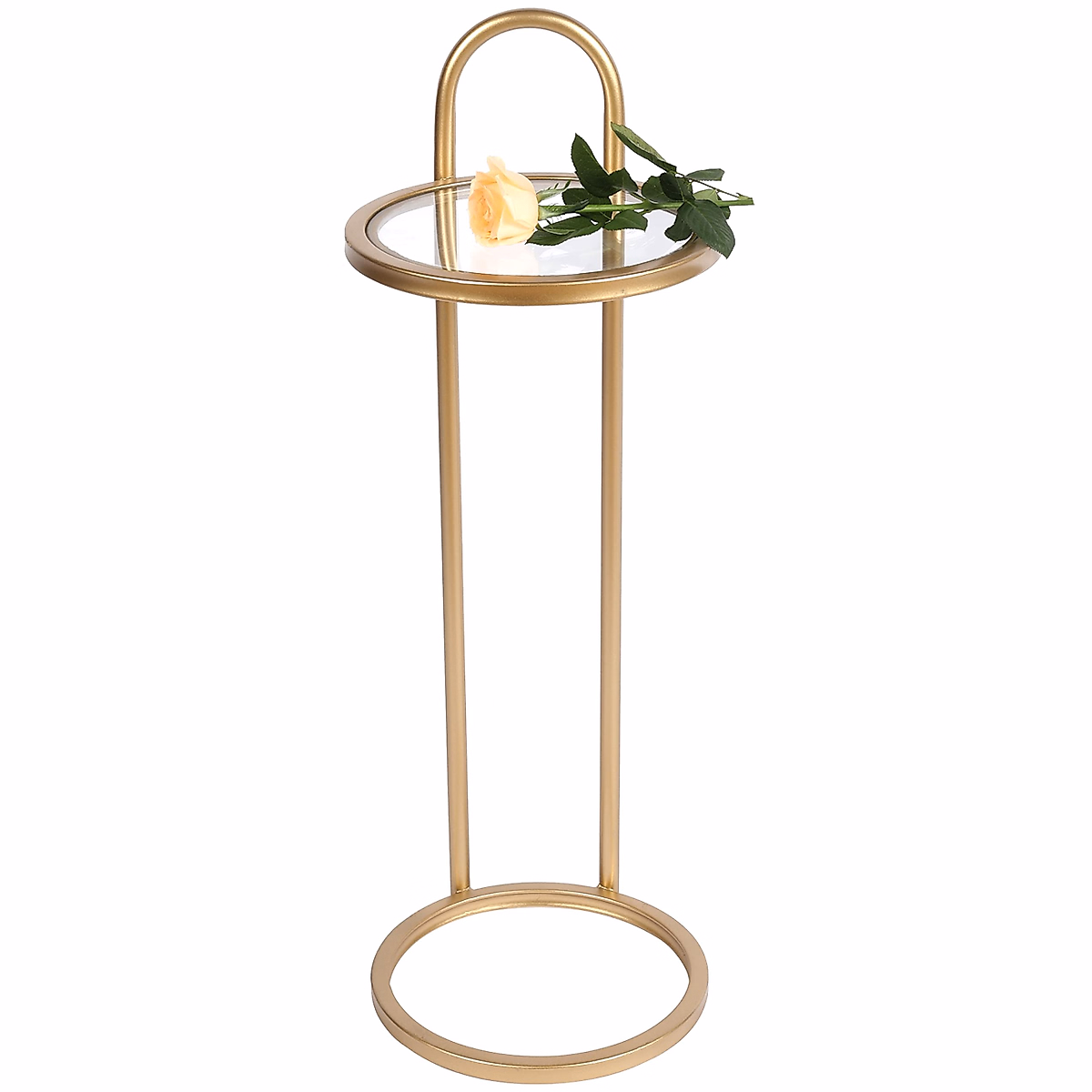 Gold Glass Small Drink Snack Accent Martini Table, C Shaped Side End Table, No-Assembly, 10" D x 28.5" H