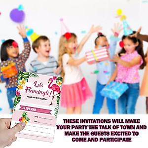 Let's Flamingle Birthday Party Invitation Cards, Summer Flamingo & Palm Leaves Pineapple Invitation for Kids Girls Boys Luau Birthday Party Celebration Supplies, 20 Invitations with Envelopes - JY646