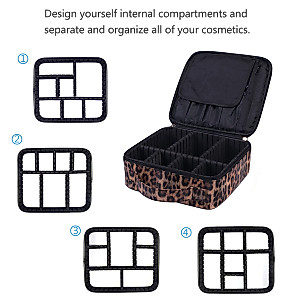 OXYTRA Makeup Bag Leopard Print PU Leather Travel Cosmetic Bag for Women Girls - Cute Large Makeup Case Cosmetic Train Case Organizer with Adjustable Dividers for Cosmetics Make Up Tools