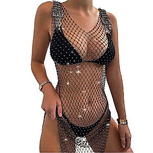 Zoestar Rhinestone Body Chains Sparkly Crystal Mesh Bikini Wrap Glitter Elastic Belly Body Chain Hollow Party Skirt for Women