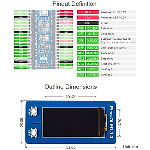 Waveshare 1.3inch OLED Display Module for Raspberry Pi Pico, 64×128 Pixels, 4-Wire SPI and I2C Interface Embedded SH1107 Driver with Two User Buttons for Easy Interacting
