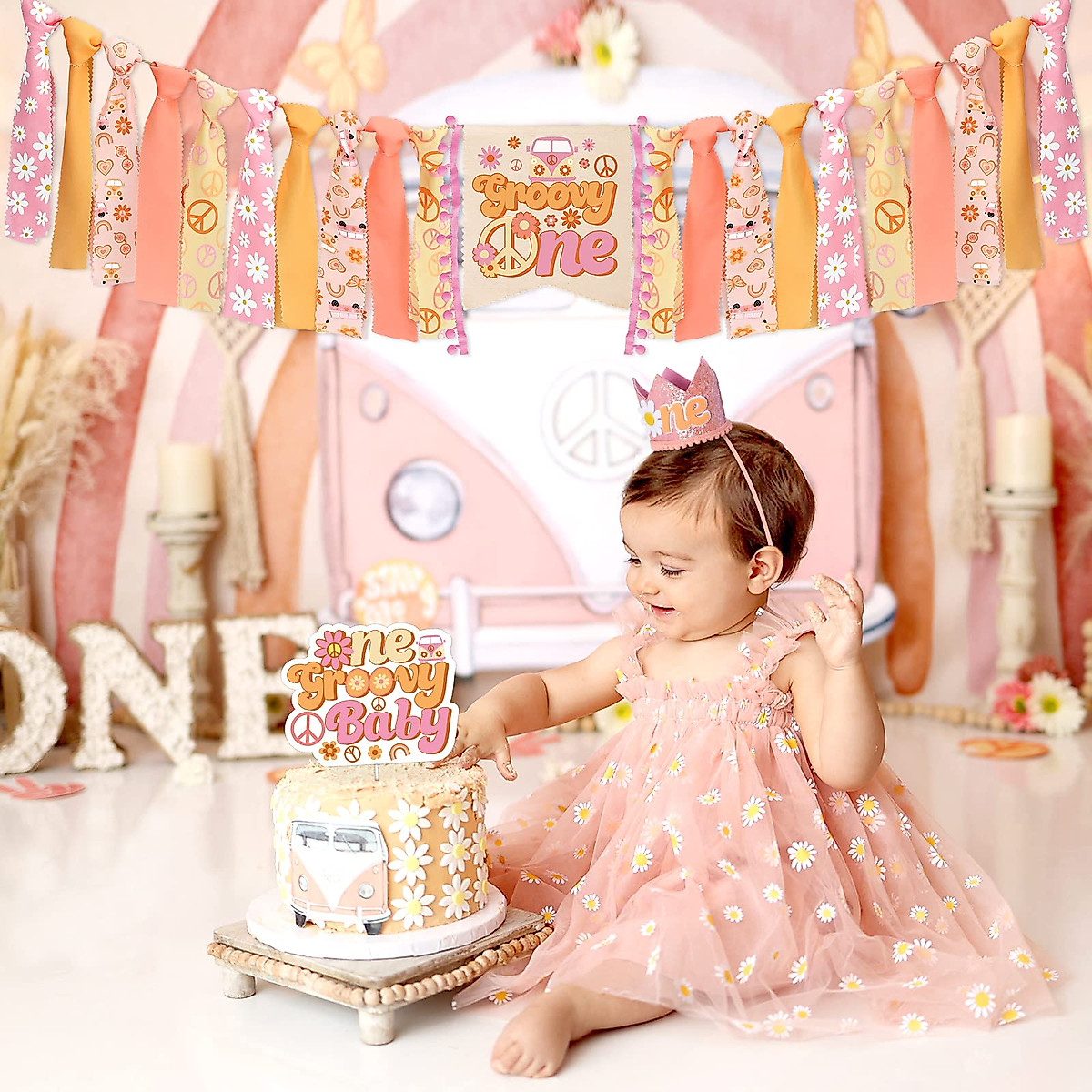 Vansolinne Groovy One High Chair Banner Kit Hippie 1st Birthday Decorations for Pink Boho Cake Smash Daisy Photo Booth Props One Retro Groovy Baby Party Supplies for Baby Girl
