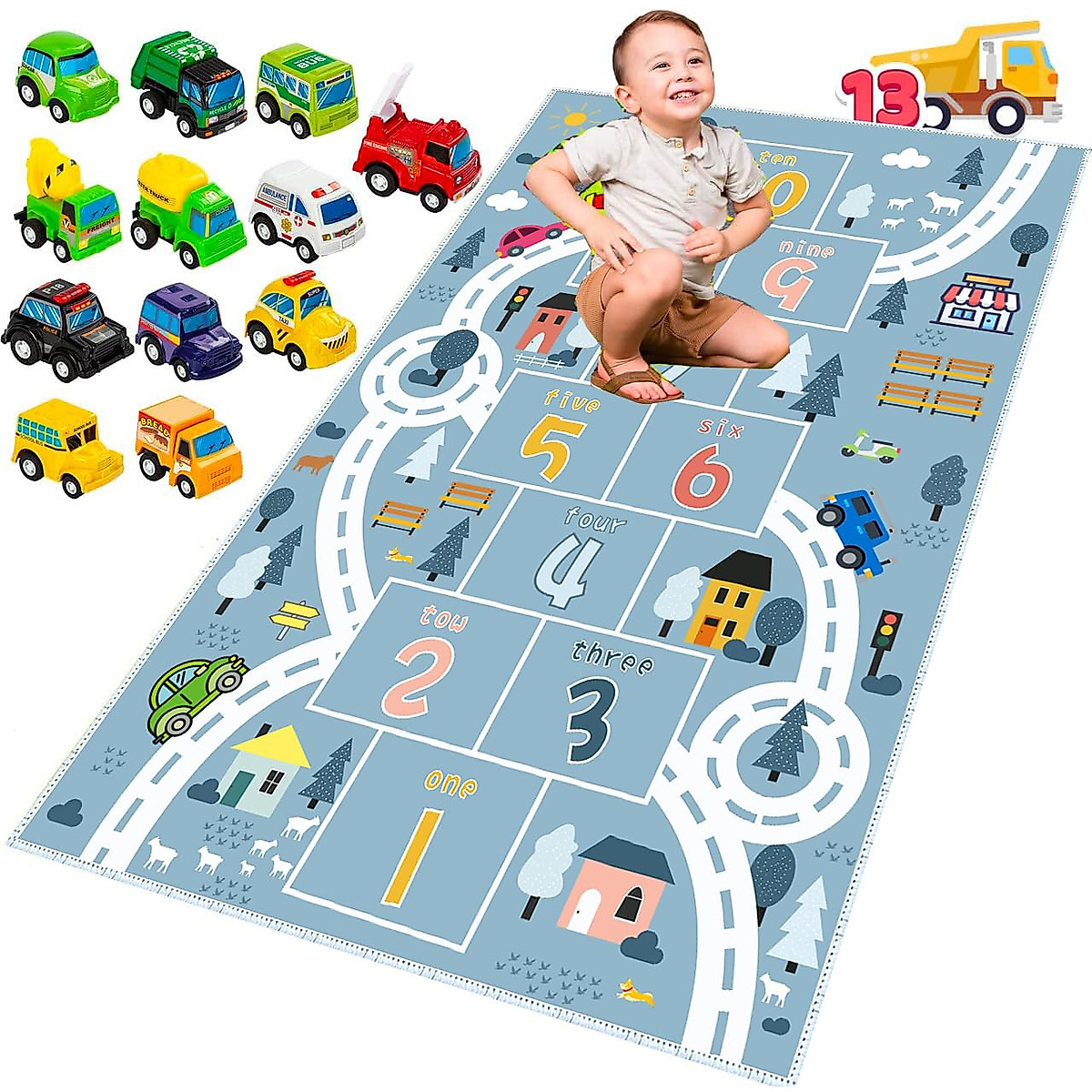 LGQLJPLQQ Hopscotch Rugs for Kids, Kid Rug for Bedroom,Road Rug, Playroom Rug for Kids Toy Cars, Nursery Rug for Teaching Toddler(Blue, 6' x 9')