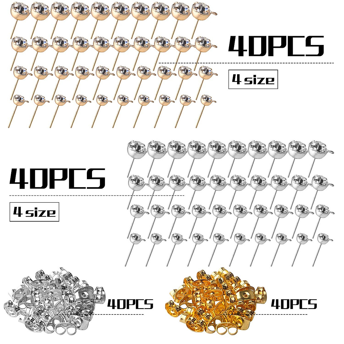 80pcs Rhinestone Hypoallergenic Earring Posts Stud Earrings with Loop and 80pcs Butterfly Ear Back Earrings for DIY Earring Jewelry Making Findings, 4 Sizes