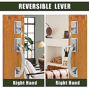 Natsukage Front Door Handle Front Door Lock Set Entrance Handle Set with Lock Satin Nickel Heavy-Duty Entry Door Lock Set with Deadbolt and Lever Handle Reversible for Right & Left Handed Contemporary