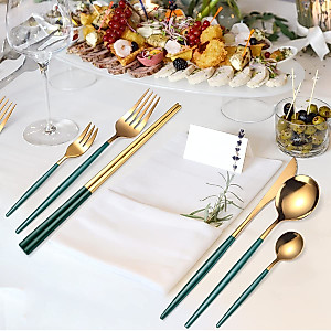 AARAINBOW 8 Pieces Stainless Steel Flatware Set Portable Reusable Cutlery Set Travel Utensils Set Including Chopsticks Knife Fork Spoon Straws Cleaning Brush Dishwasher Safe (Green Golden)