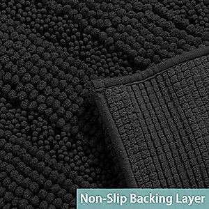 Turquoize Non Slip Shaggy Chenille Microfibers Bathroom Rug Black Bathroom Mat Extra Long Bath Rug 47 x 17 Kitchen Rugs and Mats, Super Water Absorbent & Soft Washable Bath Rug for Bathroom, Black