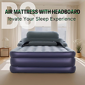 A-ER-FA Queen Air Mattress with Headboard and Cup Holder, Comfort Blow Up Mattress, Inflatable Mattress for Guests and Home, Colchon Inflable, Air Bed