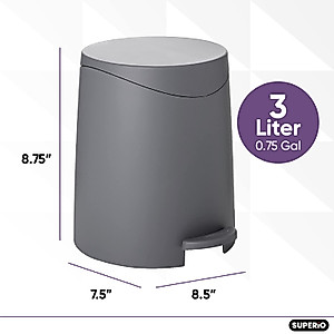 Superio Mini Bathroom Trash Can with Lid 3 Liter, Plastic Waste Bin 0.75 Gallon, Modern Flat Lid Step On Trash Can with Foot Pedal, for Bathroom, Bedroom, Office, Under Desk, Soft Close (2, Grey)