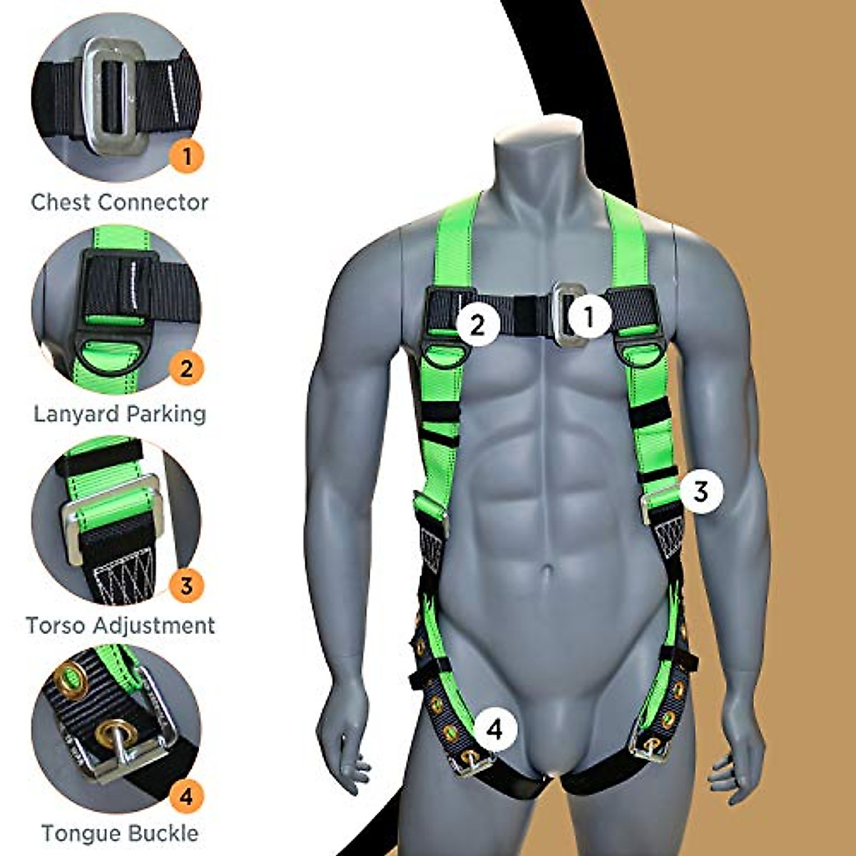 AFP Universal Full-Body Fall Protection Safety Harness w/Dorsal D-Ring Tongue Buckle Legs Hi-Viz Green, Shock Absorbing Lanyard (OSHA/ANSI Rated) (1 Pack, Harness + Single Leg Lanyard w/Snap Hooks)
