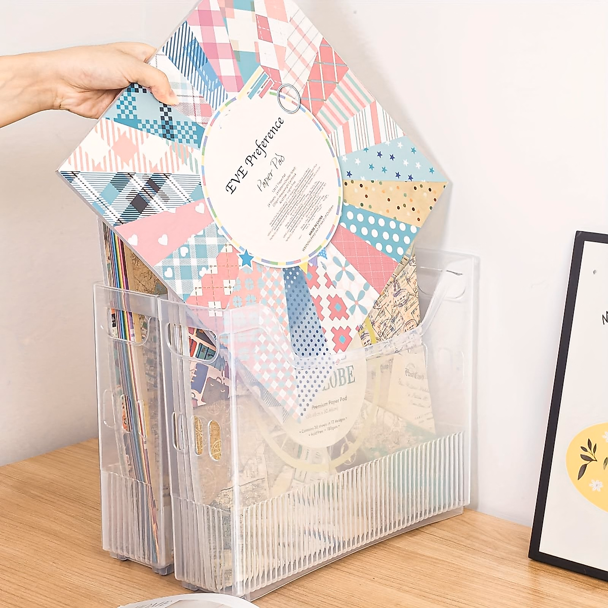 Cobenga 4 Pcs Scrapbook Paper Storage with Wheels, Plastic Portable Scrapbook Storage Bin for 12" x 12" Paper, Portable File Organizer with Built-in Handle, Functional Magazine Holder Paper Rack