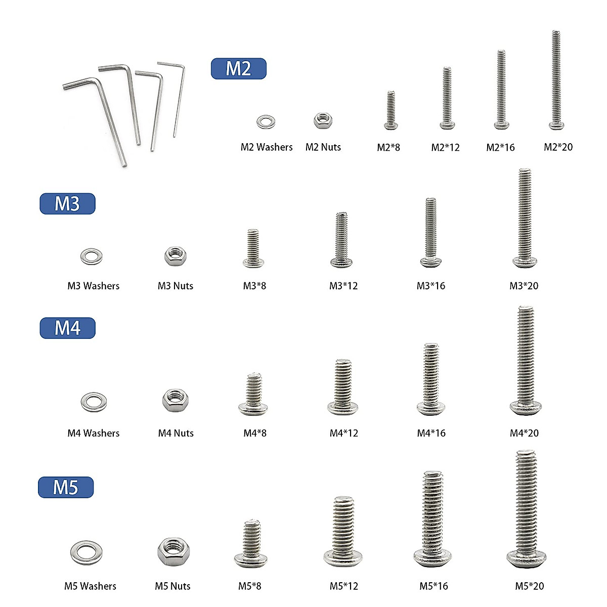 1200 PCS Nuts and Bolts Assortment Kit, Metric M2 M3 M4 M5 Machine Screws, Stainless Steel 304 Hex Socket Head Cap Bolts and Nuts Kit.