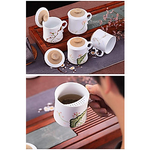 BIFULDYO Tea Cup with Filtering Function, Single Cup Loose Tea Brewing System,Large Capacity 12oz, Chinese Painting Style Pattern,Loose Leaf Iced Blooming or Flowering Tea Filter(Lotus)