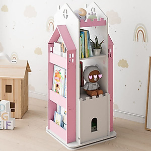 MOUDAO Rotating Bookshelf 360° Castle Kids Bookshelf Toy Storage Organizer Rack, Pink White Corner Bookshelf for Kids Toddler Children, Home Office Furniture Bookcase