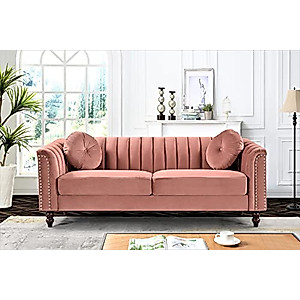 Container Direct Mid-Century Modern Velvet Sofa Chesterfield Inspired Luxury 2 Piece Set for Living Room with Removable Cushions and Turned Wood Legs, Loveseat, Couch, Rose