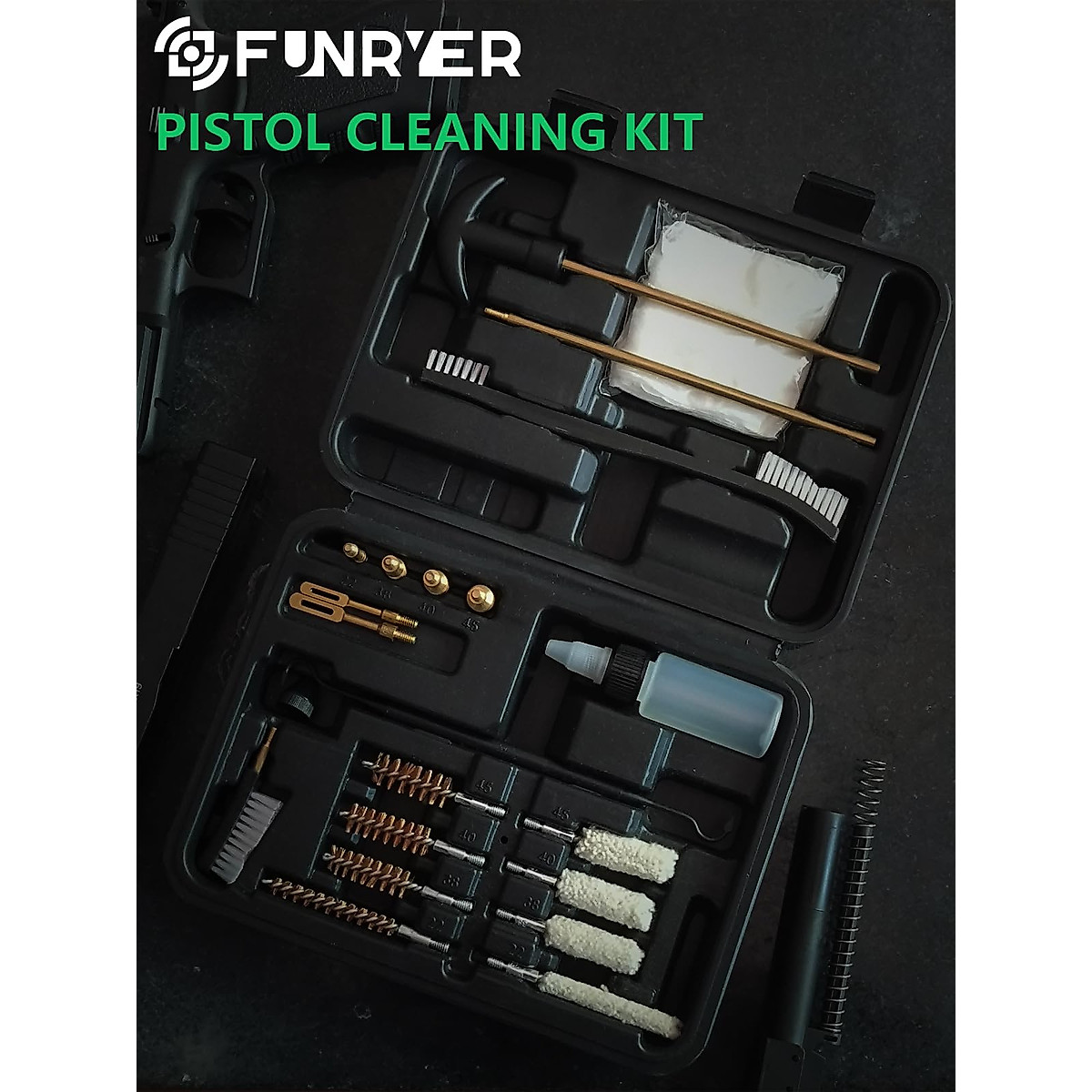 Funryer Universal Gun Cleaning Kit Pistol 9mm .38 .22 .40 .45 Caliber for Handgun Hunting Shooting with Bronze Bore Brush & Brass Jag Oil Bottle