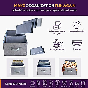 Large Linen Jeans Organizer for Closet with 6 Removable Dividers and 2 Handles for up to 7 Grids - Foldable Wardrobe Clothes Storage Organizer for Folded Clothes: Jeans, Pants, Sweaters (2 Pack)