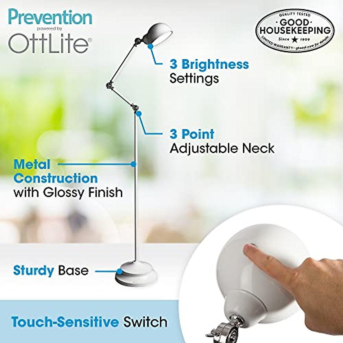 OttLite Pharmacy Adjustable LED Floor Lamp, Prevention Series - Designed to Reduce Eyestrain - 3-Point Adjustable Neck, 3 Brightness Settings with Touch Controls - Office Work, Reading & Studying