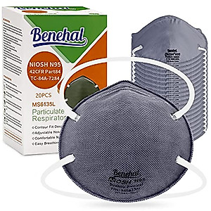 Benehal NIOSH Certified N95 Mask Pack of 20, Particulate Respirators Protective N95 Cup Dust Face Masks Model MS6135L Grey For Adult Women & Men