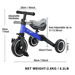 67i 3 in 1 Tricycle for 1-3 Year Old Toddler Bike Kids Tricycles for 1-3 Year olds Toddler Tricycle Kids Trikes Adjustable Seat and Removable Pedal Baby Balance Bike Boys Girls (Blue)