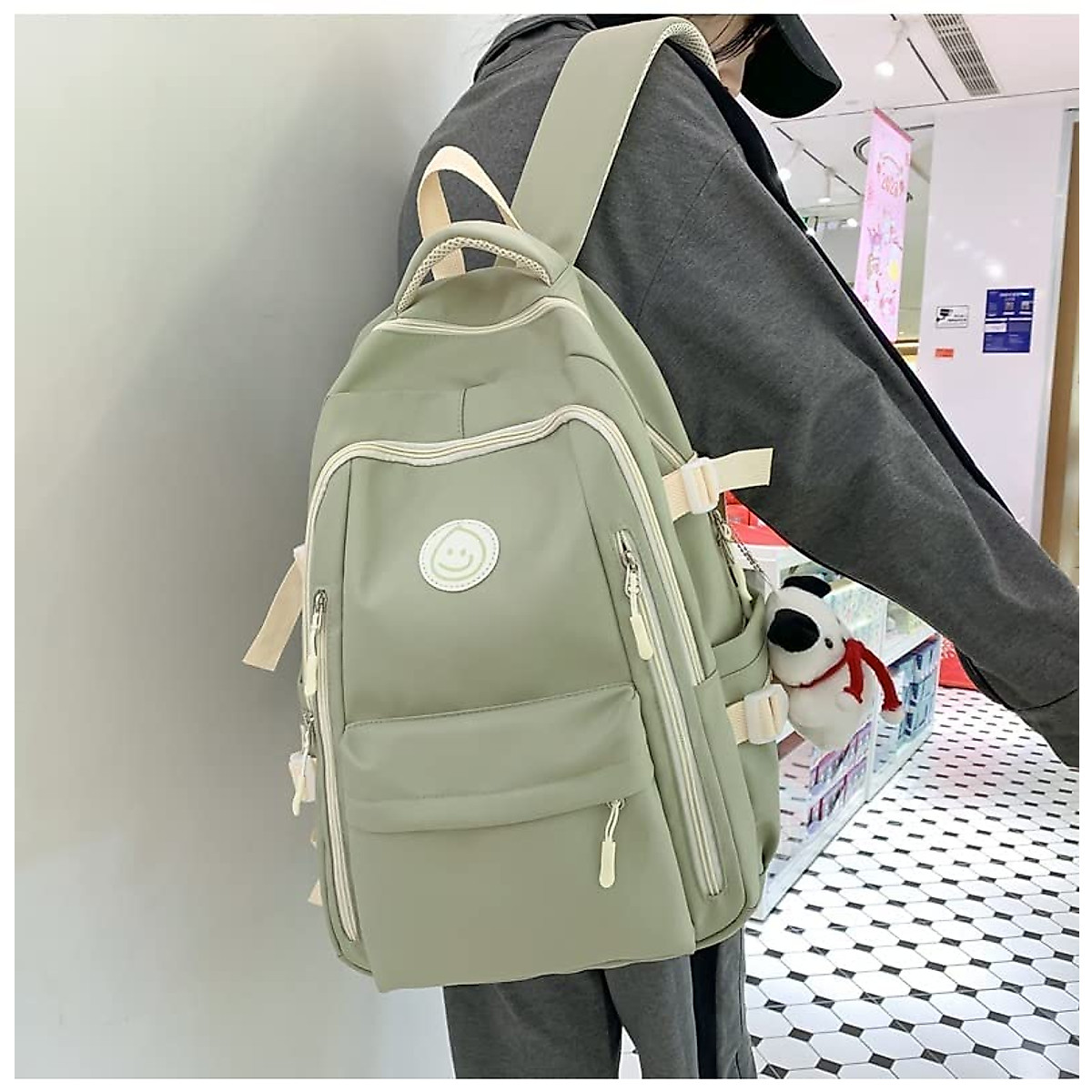 Preppy Backpack Aesthetic Backpack with Cute Plush 15.6" Laptop Backpack Korean Japanese Fashion Preppy Stuff (Sage Green,One Size)