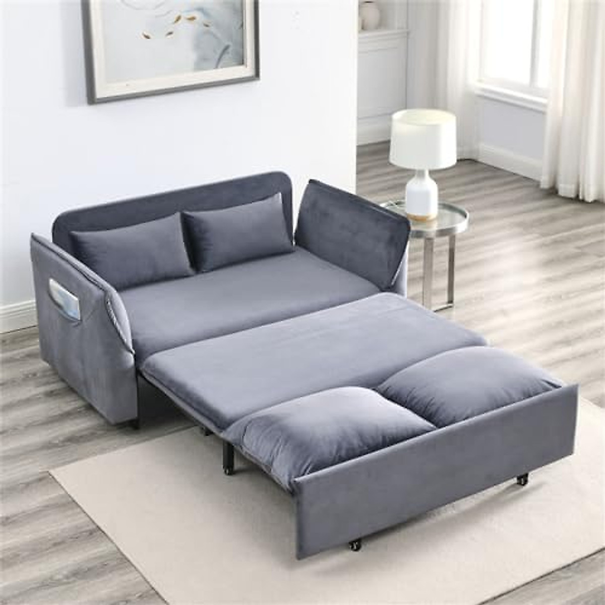 ADUH 57" Convertible Sofa Bed with 2 Detachable Arm Pockets, Velvet Loveseat Multi-Position Adjustable Sofa with Pull Out Bed