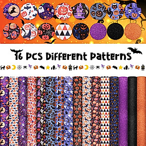 16 Pieces Halloween ​Faux Leather Sheets Pumpkin Printed Leather Fabric Sheets Ghost Spider Bat Faux Leather Fabric Glitter Sequin Synthetic Leather Sheet, 8.3 x 6.3 Inch for Halloween DIY Craft Decor