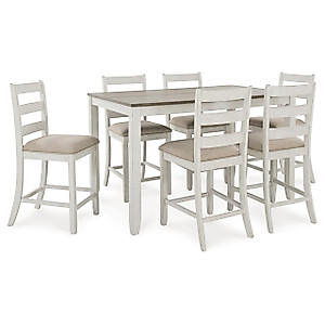 Signature Design by Ashley Skempton Modern Farmhouse Counter Height Dining Table and Upholstered Bar Stools, Set of 7, White & Light Brown