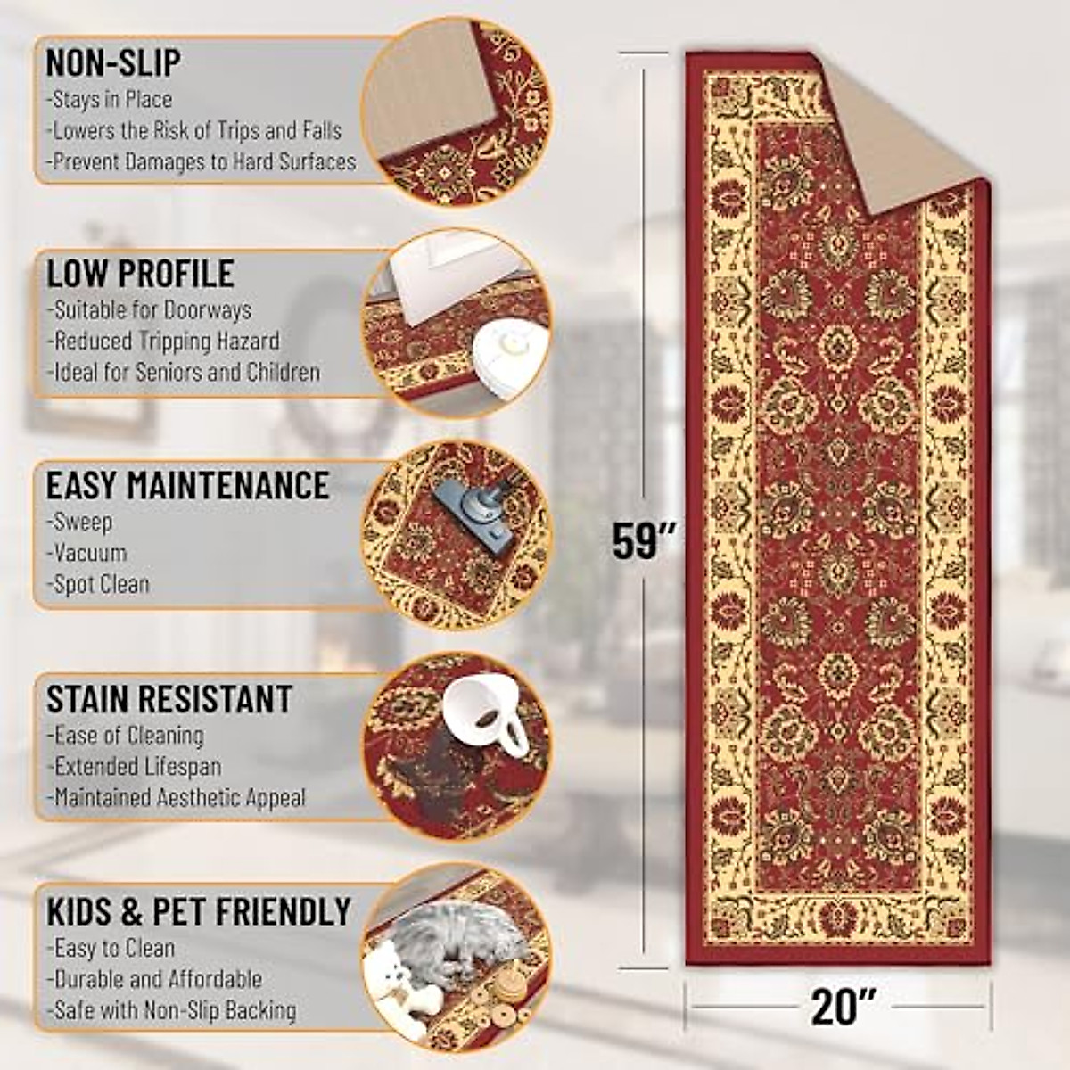Ottomanson Machine Washable Oriental Design Non-Slip Rubberback 2x5 Traditional Runner Rug for Hallway, Kitchen, Bedroom, Entryway, 20" x 59", Red