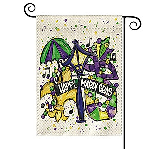 AVOIN Happy Mardi Gras Masquerade Mask Fleur de Lis Umbrella Garden Flag Vertical Double Sided, Holiday Party Mardi Gras Bead Lamp Yard Outdoor Decoration 12x18 Inch