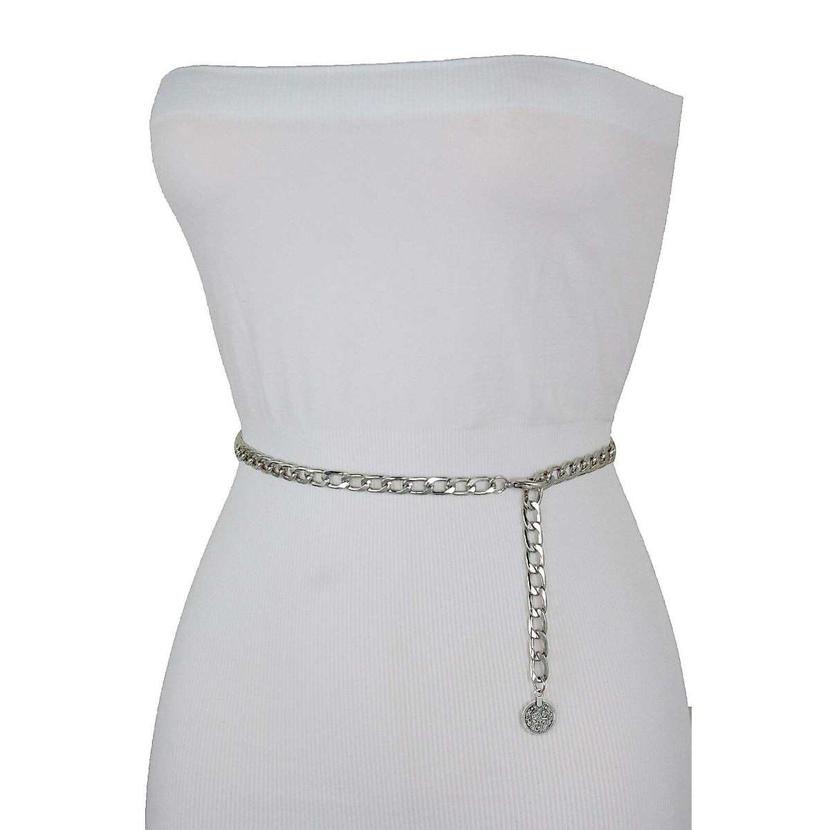 Women Fashion Skinny Belt High Waist Hip Silver Metal Chain Coin Charm Buckle Fit Size XS S M