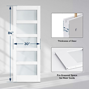 Finosen 30 in x 84 in Sliding Closet Door, 5-Lite Frosted Glass, LVL Wood Panel, PVC Surface, Assembly Needed Interior Doors for Bathroom, Living Room, White